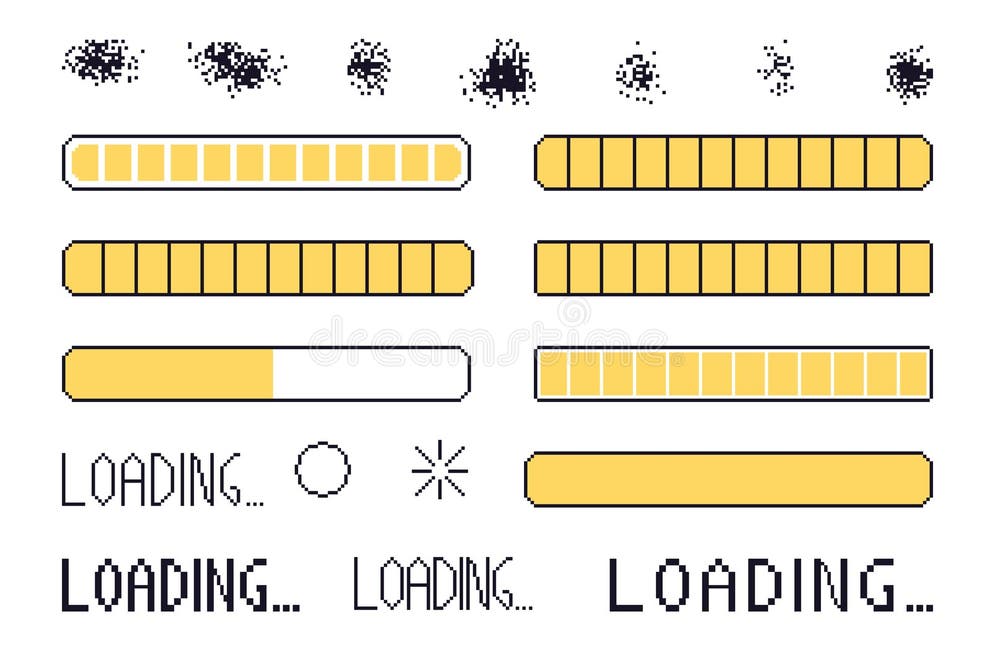 Pixel Art Loading Bar Interface. 8 Bit Game Progress Button Elements Set and Stock Vector ...
