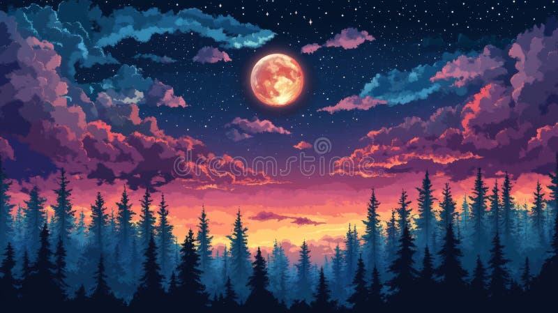 Pixel Art of a Magical Forest at Night with a Large, Glowing Moon and ...