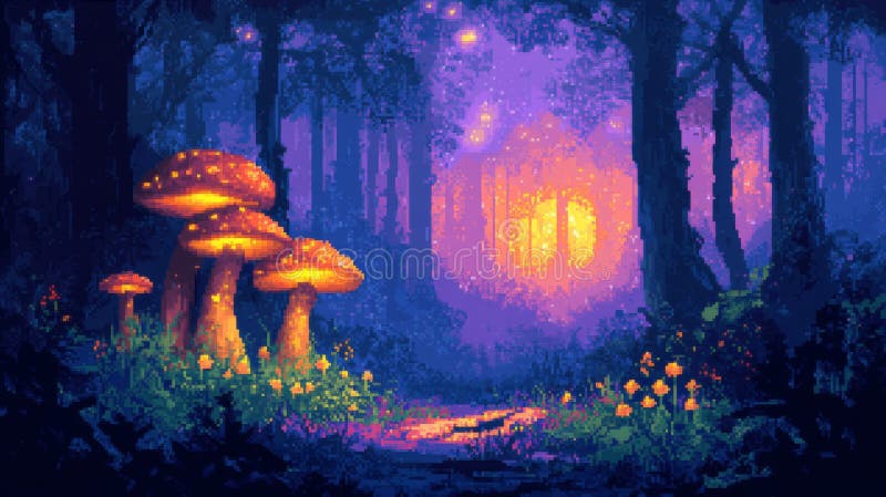 Pixel Art of a Magical Glowing Mushroom Forest with Fireflies at Night ...