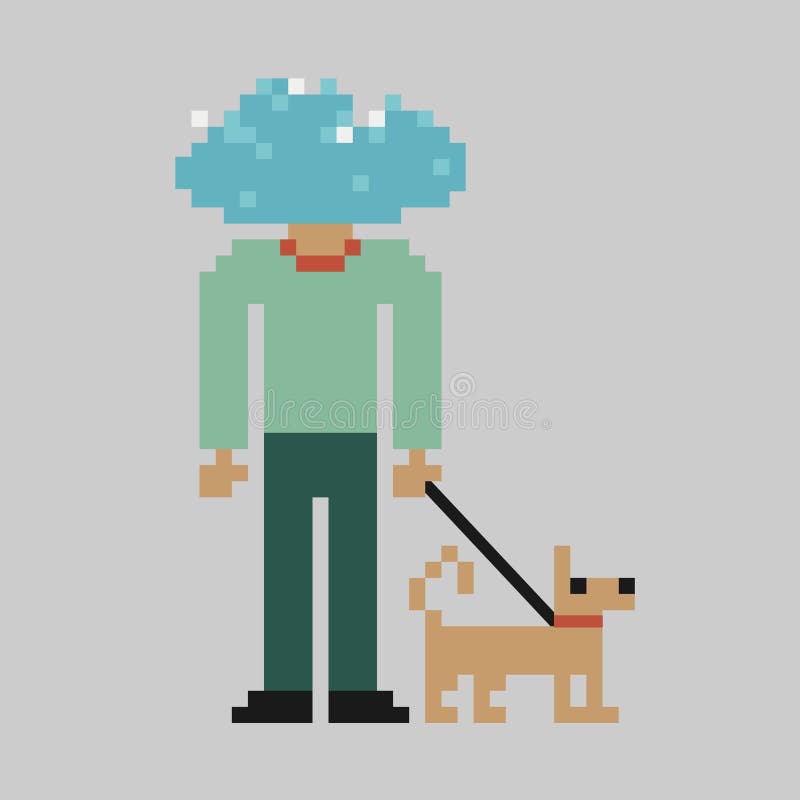 Pixel Art Man with Dog with Head in the Cloud. Concept: Head in the ...