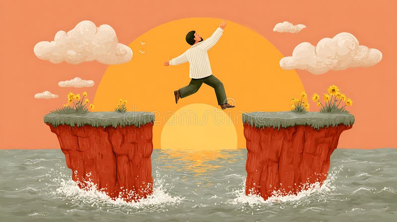Pixel Art Man Leaping between Cliffs at Sunset Stock Illustration ...