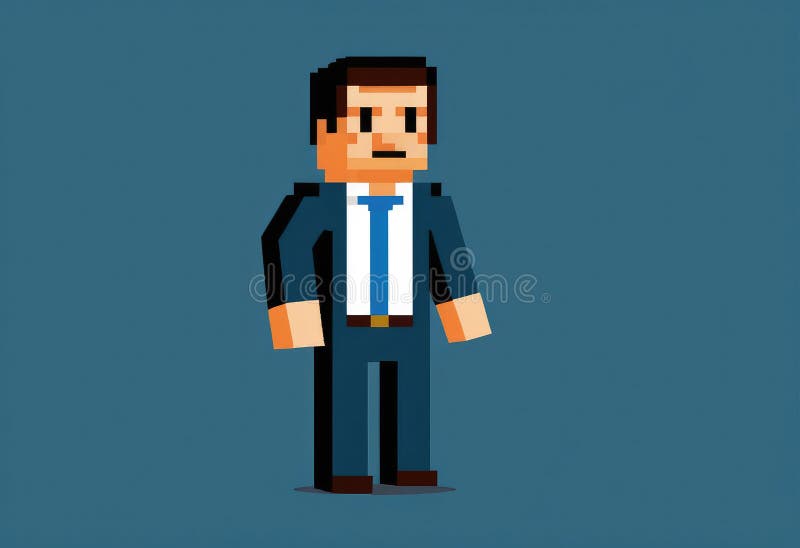 Pixel Art Man in Suit with Mustache Standing Against a Blue Background ...