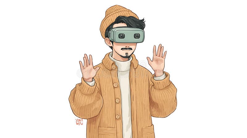 Pixel Art Man Wearing Beige Jacket and Knit Hat Using VR Headset Stock ...