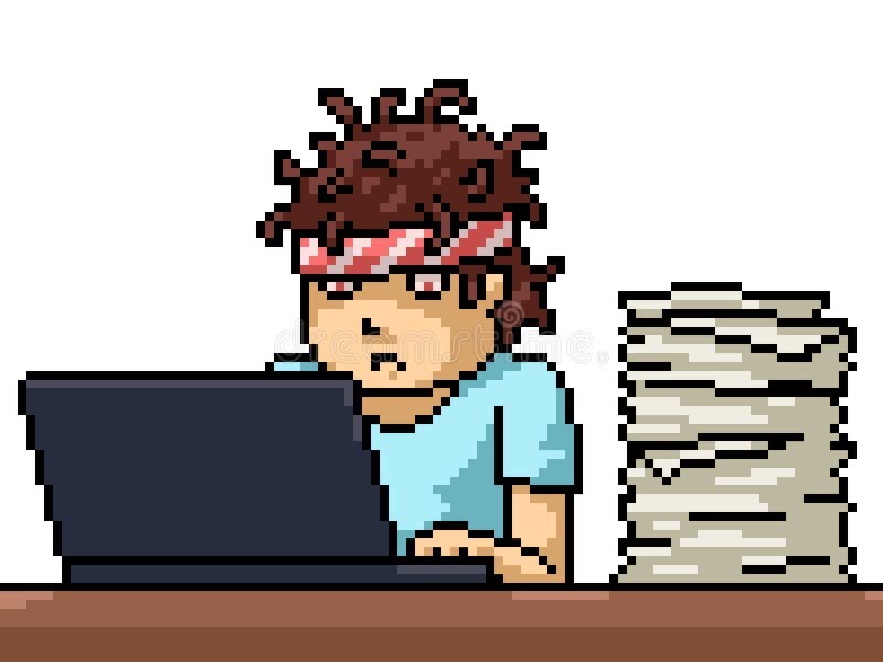 Pixel art man working hard stock vector. Illustration of laptop - 247454317