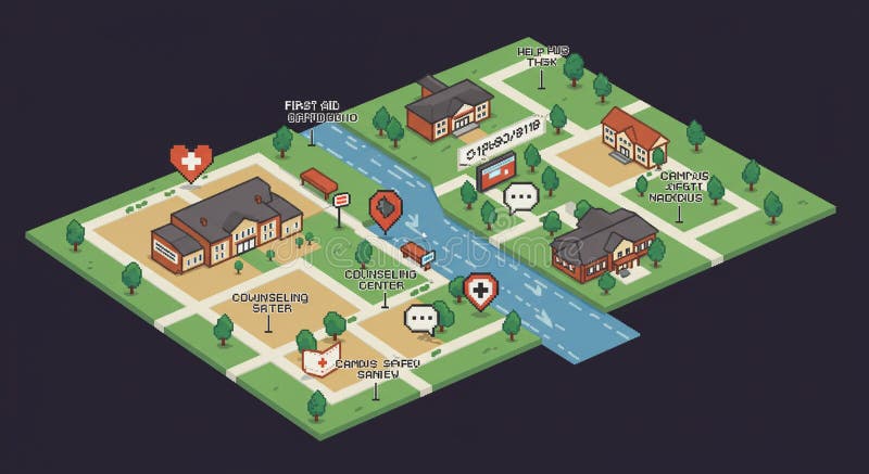 A Pixel Art Map Displaying a Campus Layout. Key Locations Include a ...