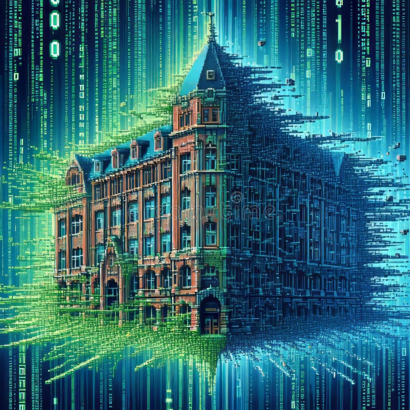 Pixel Art Matrix Code a Pixelated School Building Dissolvin Stock Photo ...