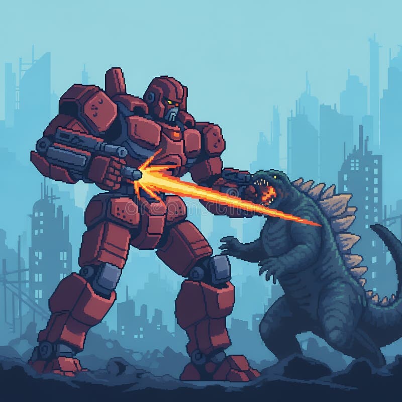 Pixel Art Mech Vs. Godzilla Stock Illustration - Illustration of ...