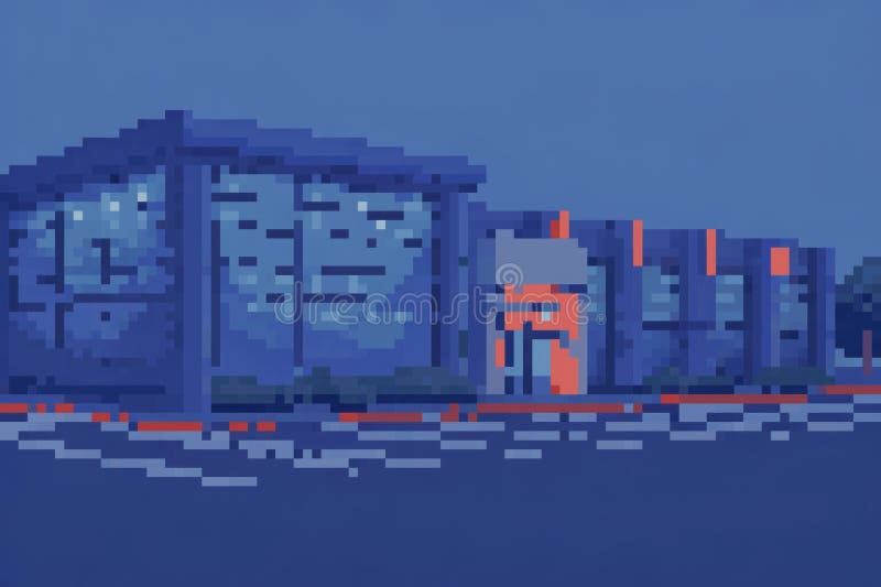 Pixel Art of Modern Building at Night with Blue and Orange Lighting ...