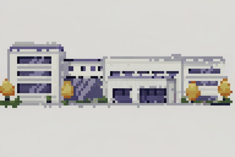 Pixel Art Modern Building with Trees and Bushes on a Clear Day Stock ...