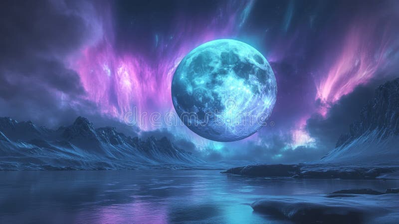 Pixel Art Moonlit Landscape with Purple Aurora Stock Illustration ...