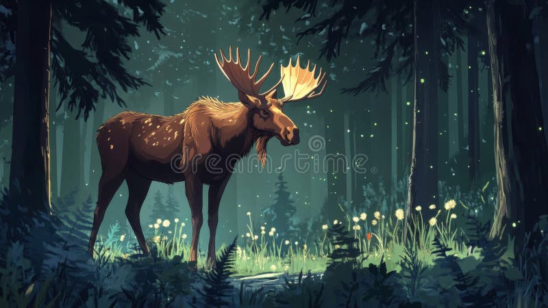 Pixel Art Moose in a Dark Forest at Night Stock Illustration ...