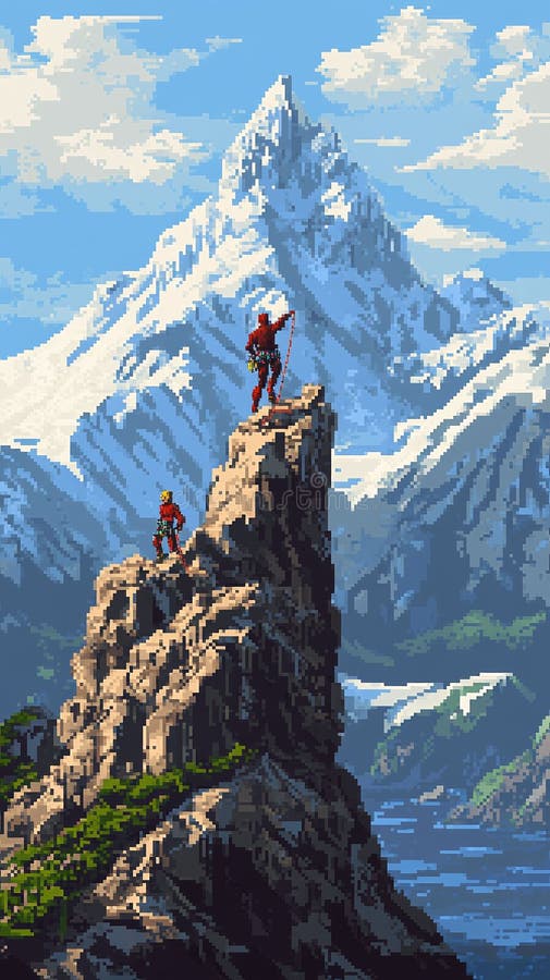 Pixel Art Mountain Climbing Set with Ropes Climbers and Peaks. Stock ...