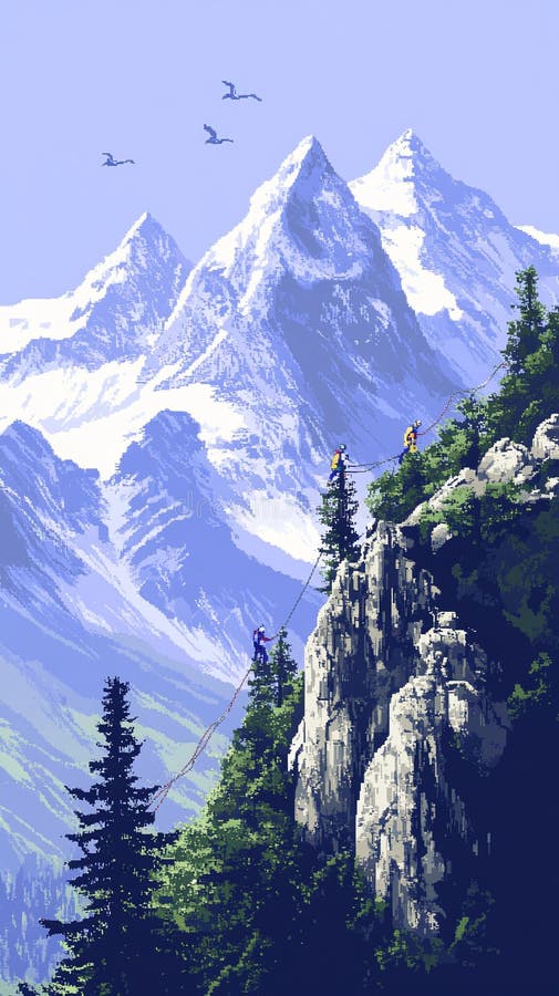 Pixel Art Mountain Climbing Set with Ropes Climbers and Peaks. Stock ...