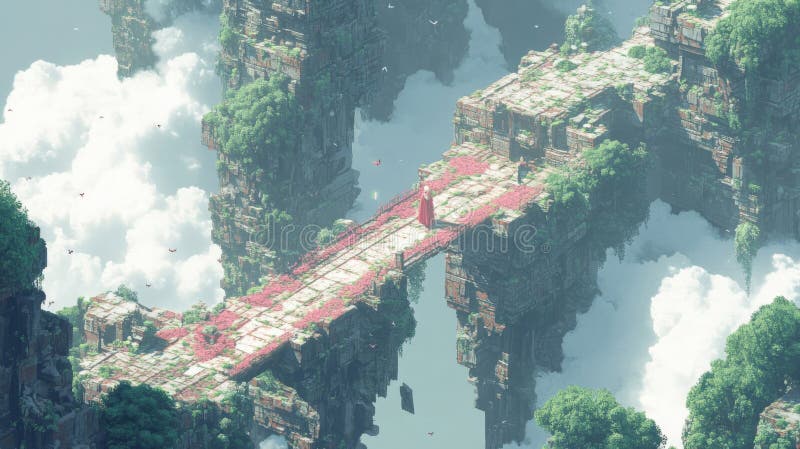 Pixel Art Mountain Landscape with Bridge Amidst Cloudscape in Digital ...