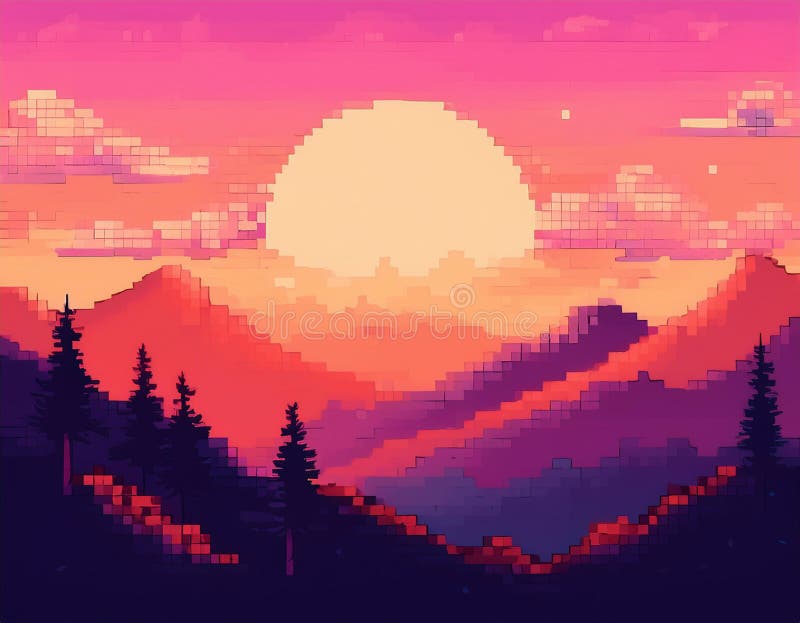 Pixel Art Mountain Sunrise Design Стоковое Изображение - изображение насчитывающей парня ...