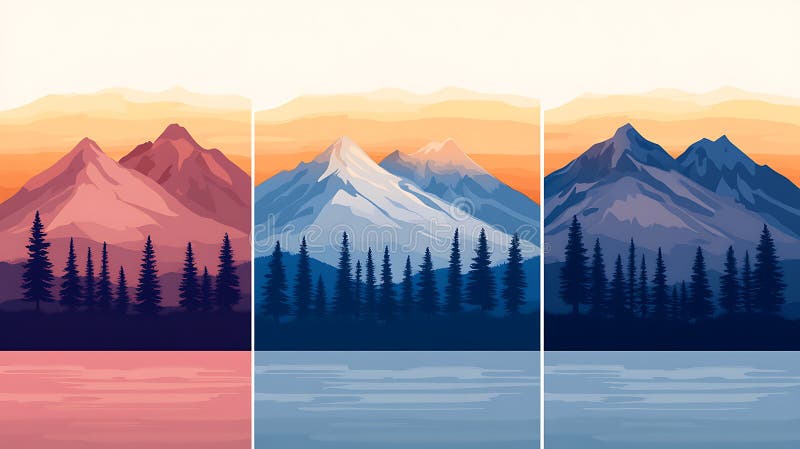 Pixel Art Mountain Triptych Sunset Landscape with Lake and Trees Stock ...