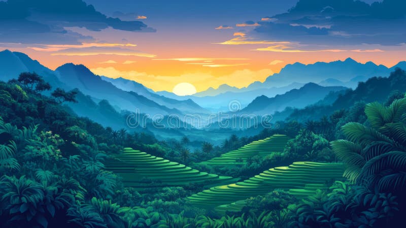 Pixel Art Mountain Valley Sunset Stock Illustration - Illustration of ...