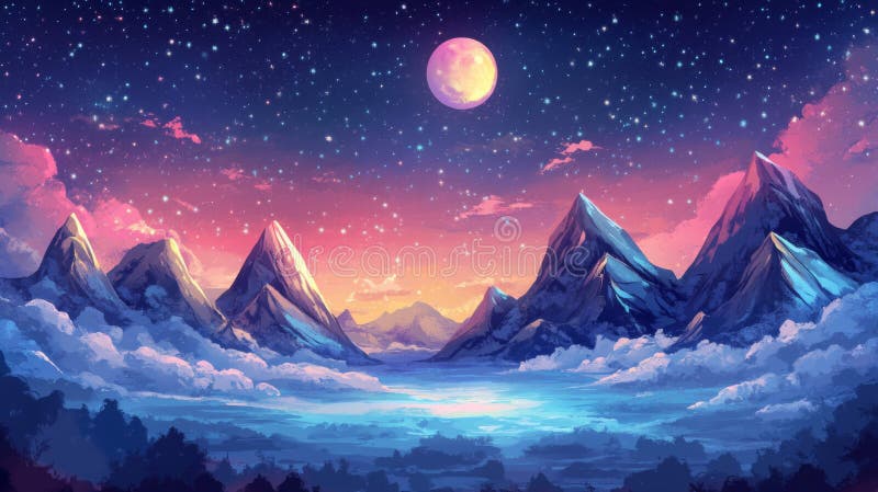 Pixel Art Mountainscape Under a Pink and Purple Night Sky Stock ...
