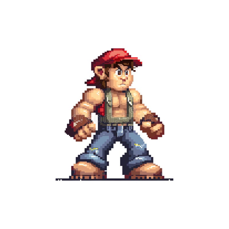 Pixel Art Muscle-Bound Character in Overalls. Vector Icon Design Stock ...