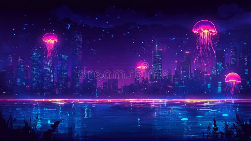 Pixel Art Neon Cityscape with Glowing Jellyfish at Night Stock ...
