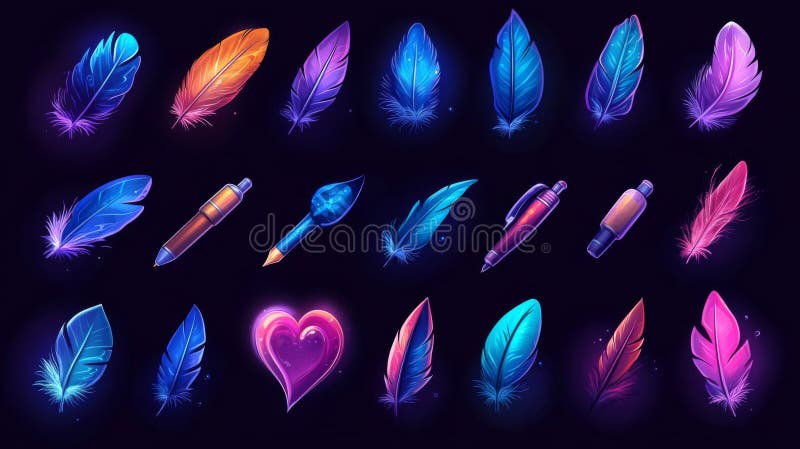Pixel Art Neon Feathers and Pens Collection Stock Illustration ...