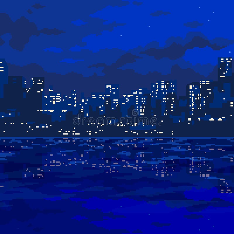 Pixel art night city view stock vector. Illustration of water - 290532534