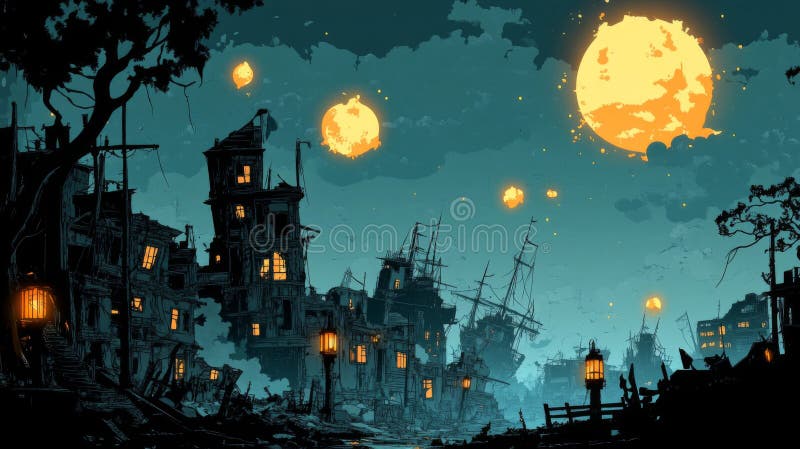 Pixel Art Night Cityscape with Glowing Moons and Ruins Stock ...