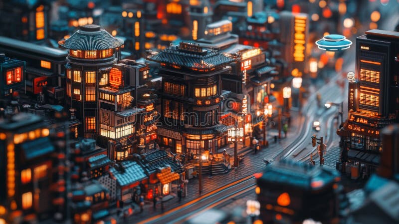 Pixel Art Night Cityscape: Illuminated Urban Blocks Stock Illustration ...