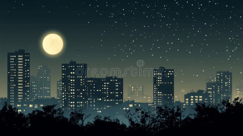 Pixel Art Night Cityscape Under a Full Moon Stock Illustration ...