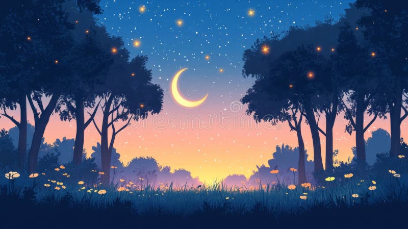 Pixel Art Night Forest Scene with Crescent Moon and Fireflies Stock ...