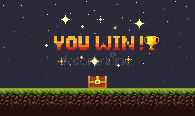Pixel Art Night Game Background with Grass, Sky and You Won Game 8-bit ...