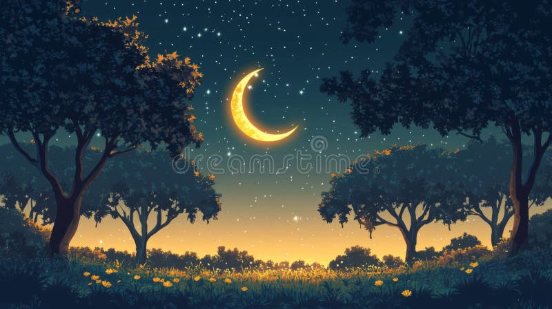 Pixel Art Night Landscape with Crescent Moon and Trees Stock ...
