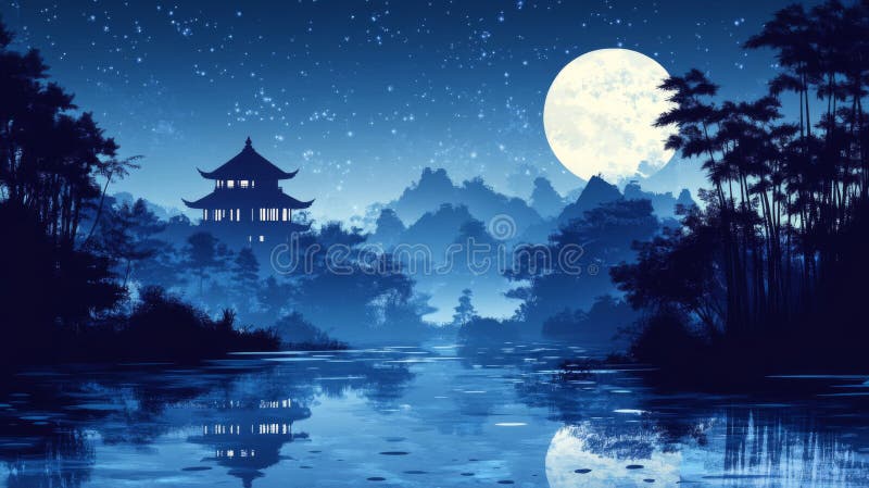 Pixel Art Night Landscape with Pagoda and Moon Stock Illustration ...