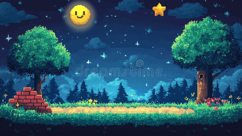 Pixel Art Night Landscape with a Smiling Moon and Star Stock ...