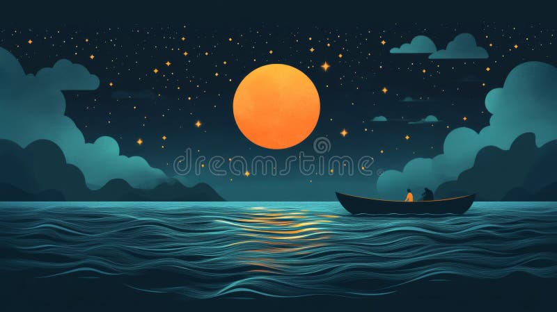 Pixel Art Night Scene of a Boat on a Tranquil Ocean Under a Large ...