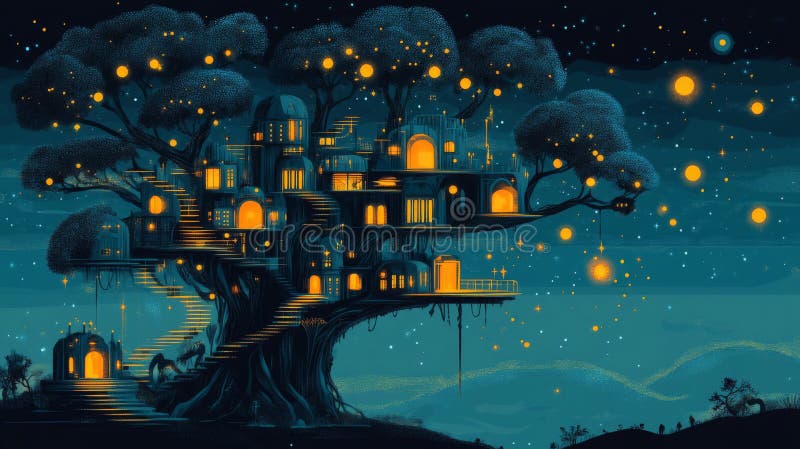 Pixel Art Night Scene of Illuminated Treetop Village Stock Illustration ...