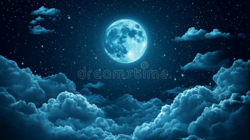 Pixel Art Night Sky with Full Blue Moon and Clouds Stock Illustration ...
