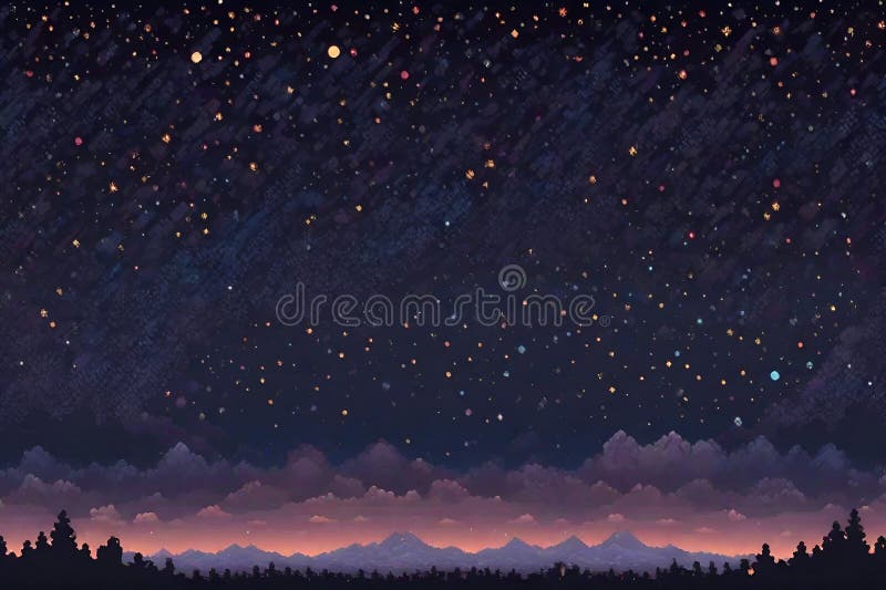 Pixel Art Starry Sky during Sunset. the Moon with Clouds and Stars ...