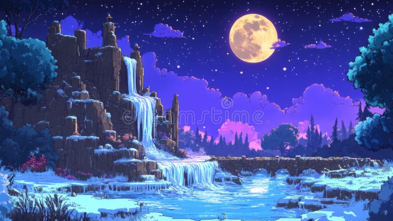 Pixel Art Night Waterfall Landscape Under Full Moon Stock Illustration ...
