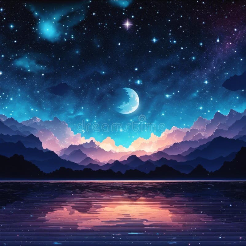 Pixel Art of a Nighttime Scene with a Vast, Open Sky Filled with Stars ...