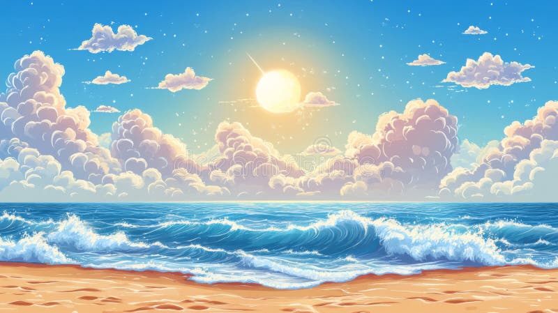 Pixel Art Ocean Sunset: Waves Crashing on Sandy Beach Stock ...