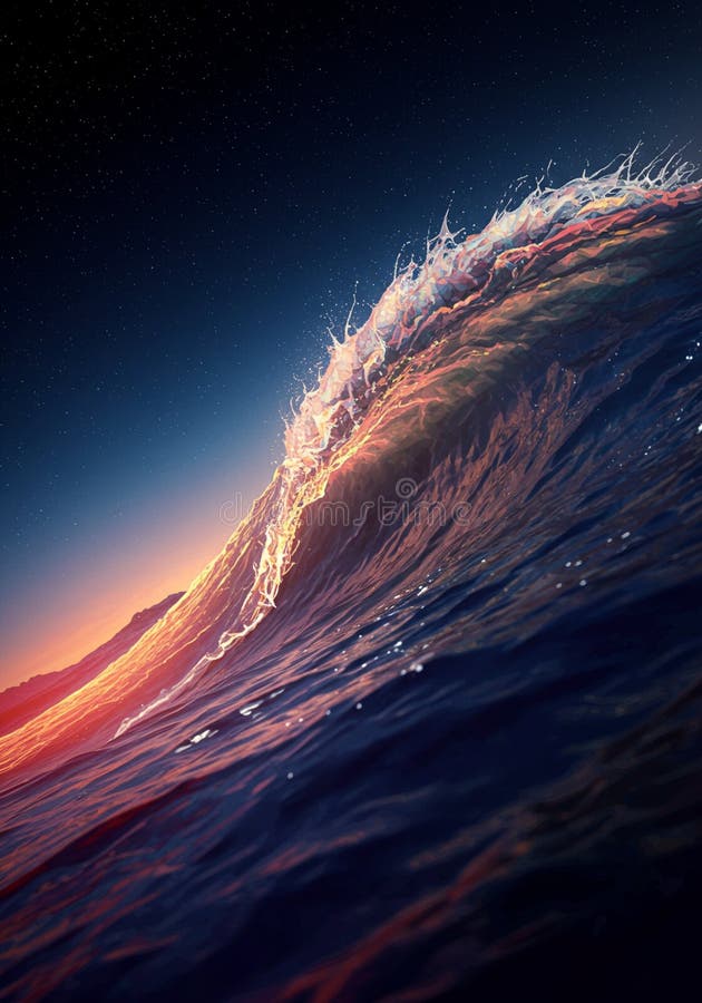 Pixel Art Ocean Wave at Sunset Under Starry Night Stock Illustration ...