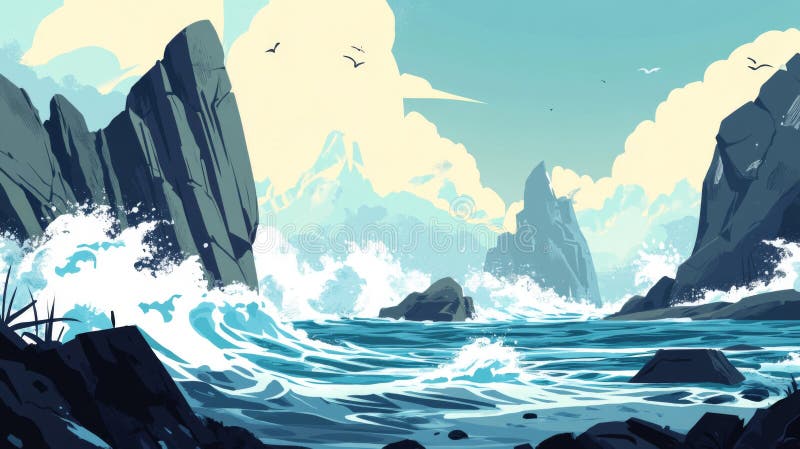 Pixel Art Ocean Waves Crashing Against Rocky Coast Stock Illustration ...