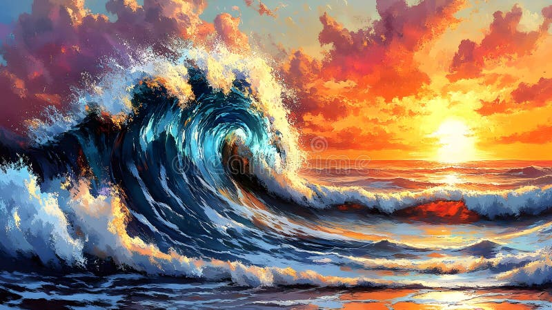 Pixel Art Ocean Waves at Sunset Stock Illustration - Illustration of ...