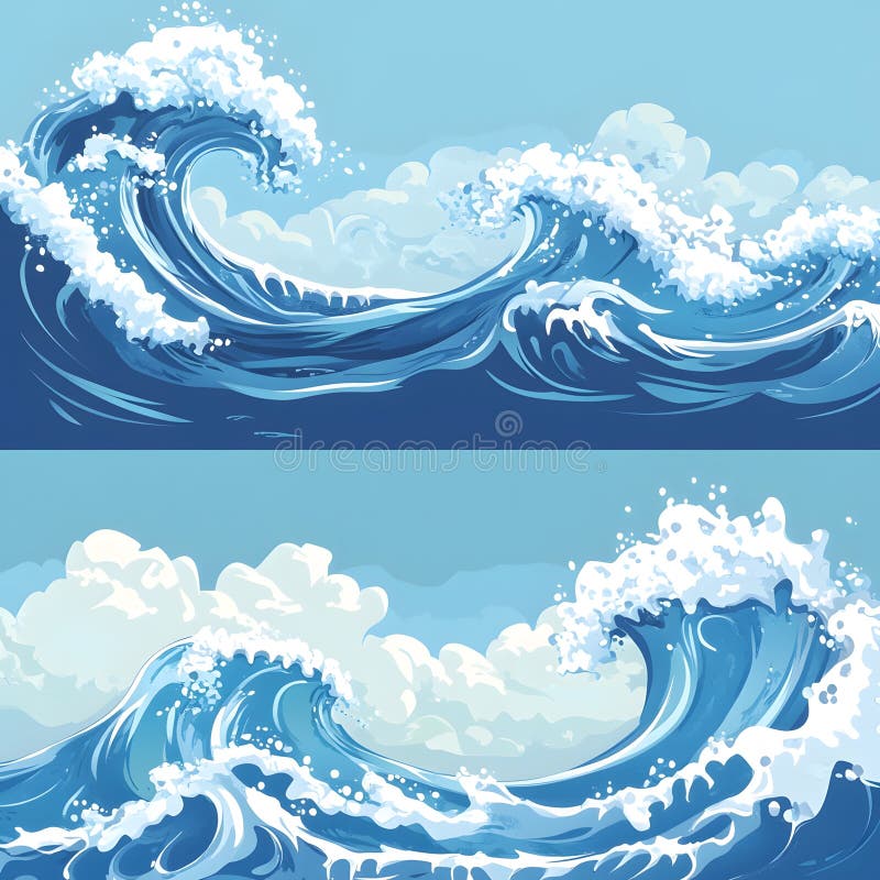 Pixel Art Ocean Waves Two Dynamic Blue Wave Illustrations Under a ...