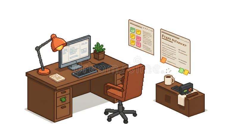 Pixel Art Office Workspace stock illustration. Illustration of home ...
