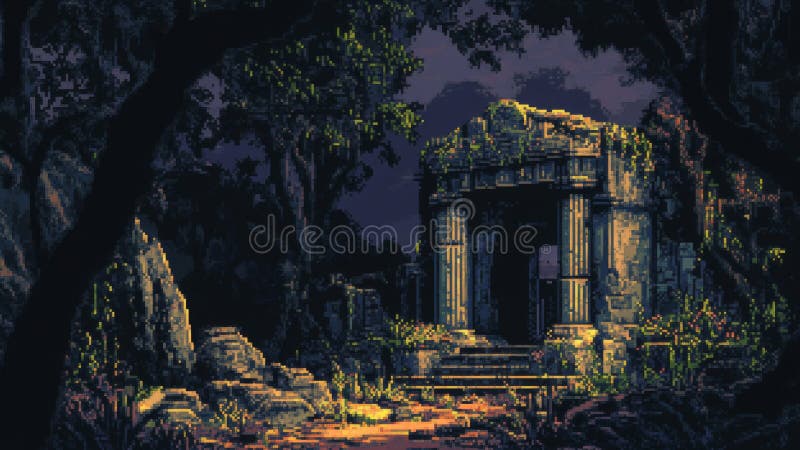 Pixel Art Old Forest Temple Ruins at Night with a Dark and Serene ...