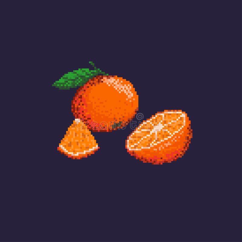 Pixel-art Orange. Whole Orange and Slice of Orange on Dark Blue ...