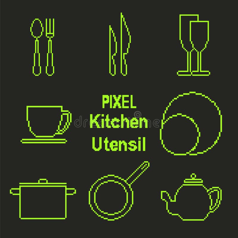 Pixel Art Outline Kitchen Utensil Icons Stock Vector - Illustration of ...