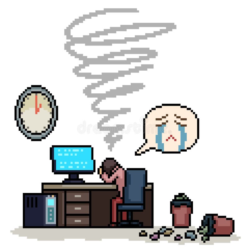 Pixel Art Overtime Worker Sad Stock Vector - Illustration of tired ...